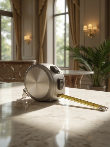 Tape measure on a polished marble hotel lobby table with opulent ...