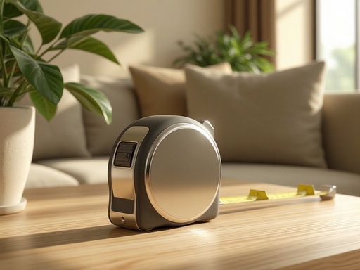 Metal tape measure on a Scandinavian style living room table with soft ...
