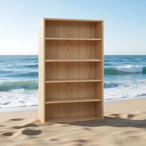 Five-tier bookshelf on a sandy beach with waves crashing and sunlight ...