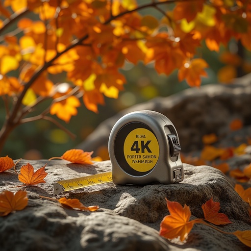Tape measure on rocky ground surrounded by autumn foliage and scattered ...