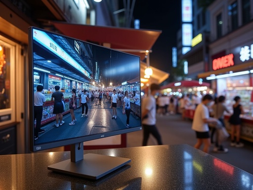Ultra-realistic monitor with bustling night market background, Free ...
